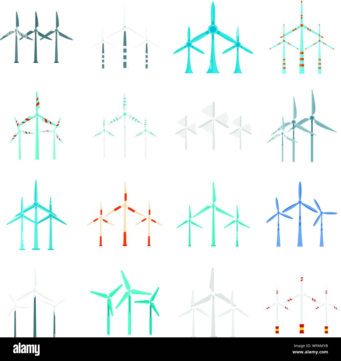 Wind turbine icons set. Flat set of wind turbine vector icons for web ...