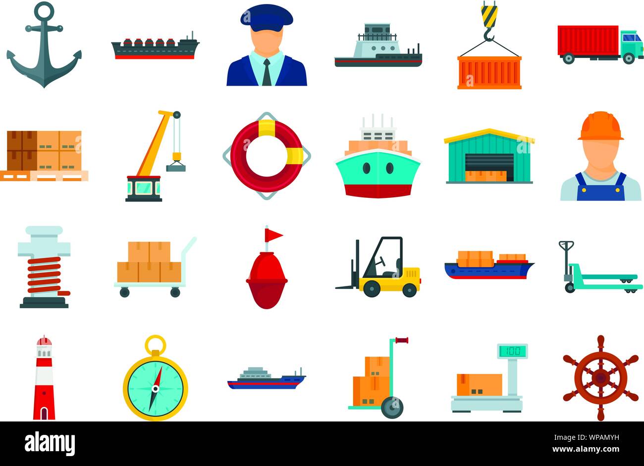 Marine port icons set. Flat set of marine port vector icons for web ...
