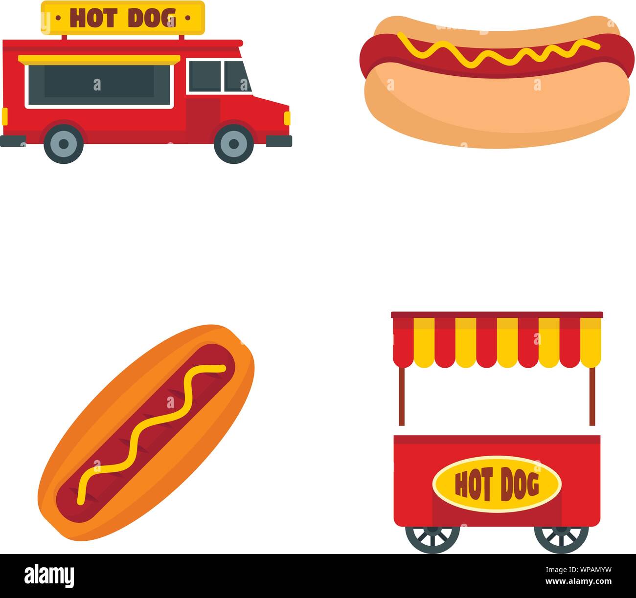 Hot dog icon set. Flat set of hot dog vector icons for web design Stock ...