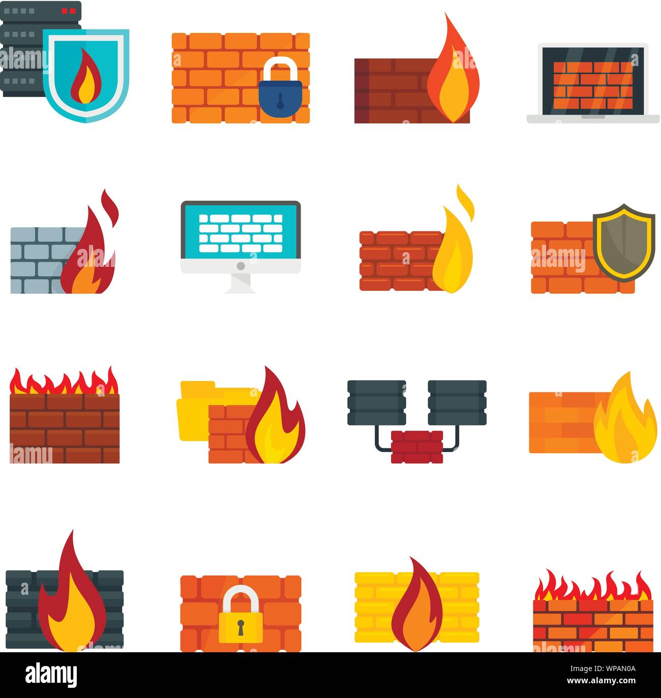 Firewall icons set. Flat set of firewall vector icons for web design ...
