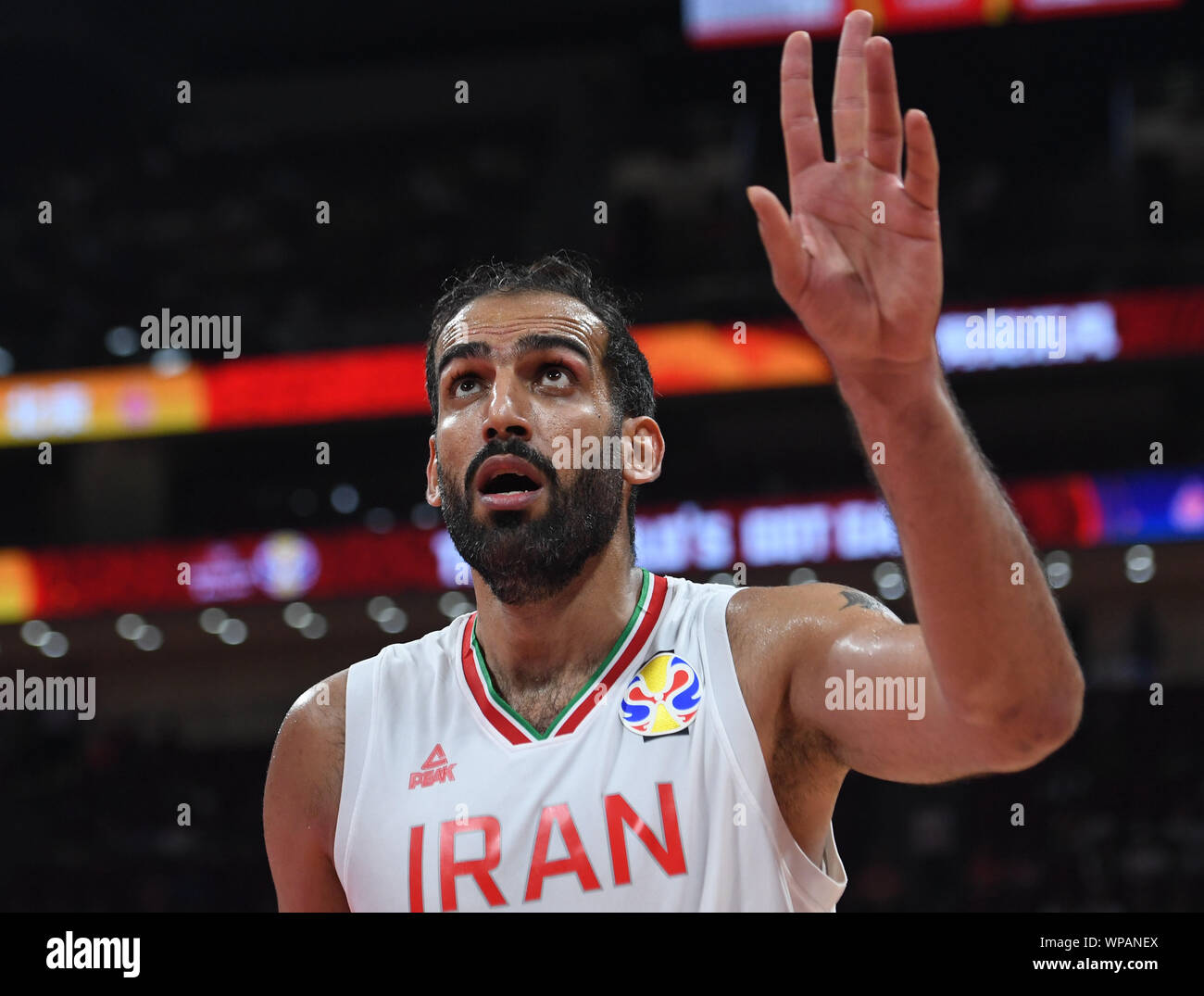 Beijing, China. 8th Sep, 2019. Hamed Haddadi of Iran reacts during the ...