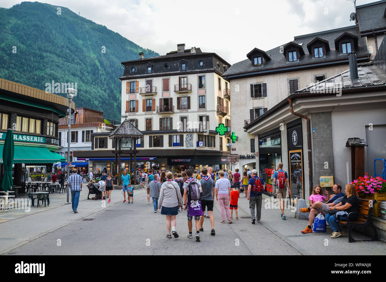 Chamonix, France - July 30, 2019: Street in Alpine resort Chamonix ...