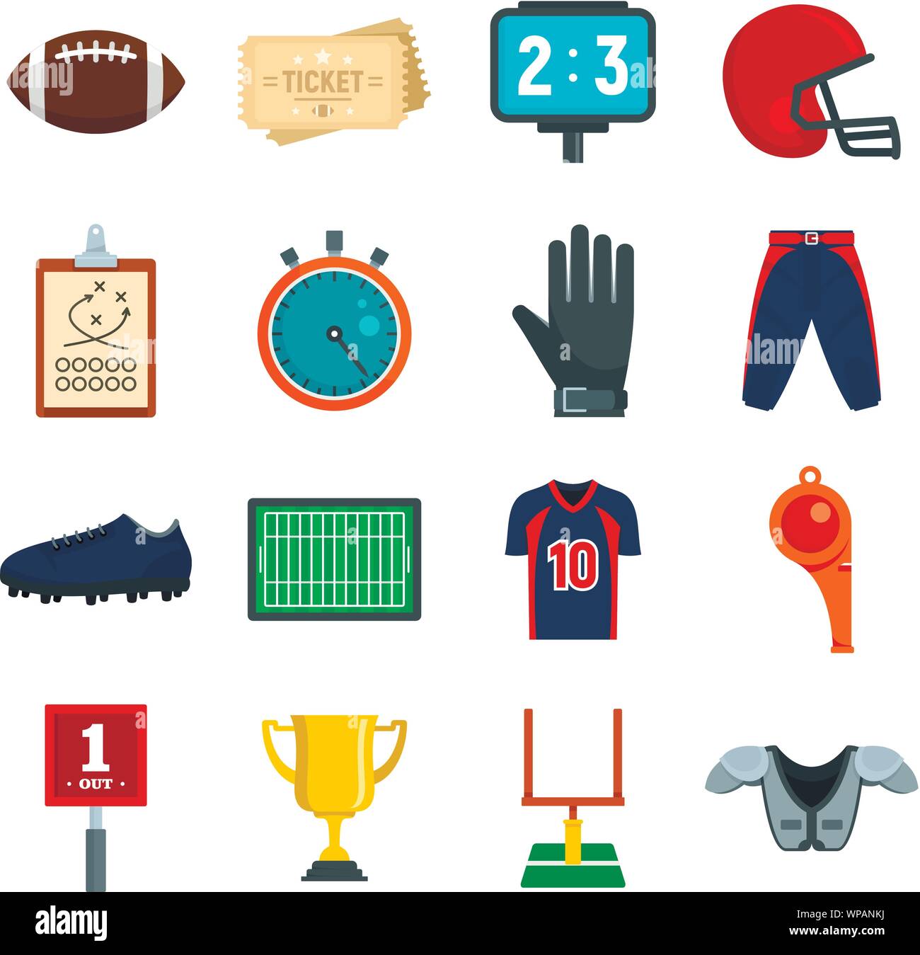 American football equipment icons set. Flat set of american football ...