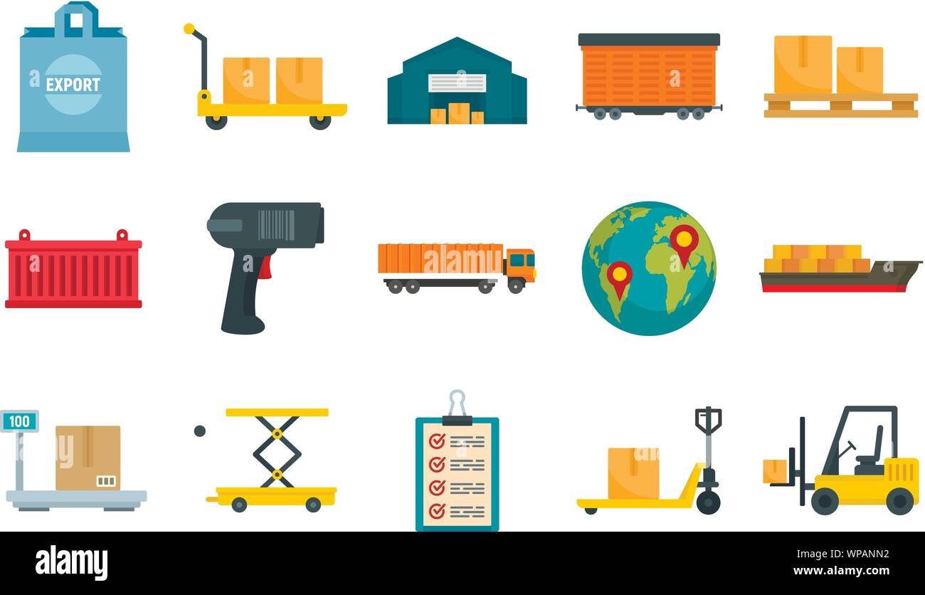 Goods export icons set. Flat set of goods export vector icons for web ...
