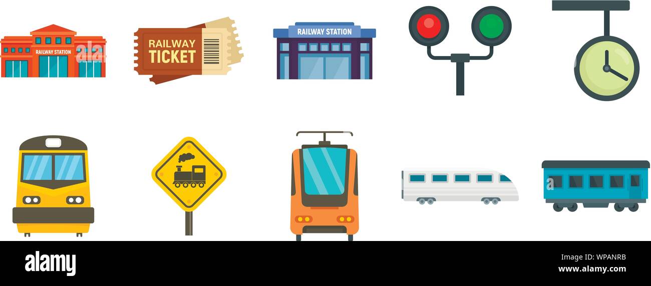 Railway station icons set. Flat set of railway station vector icons for ...
