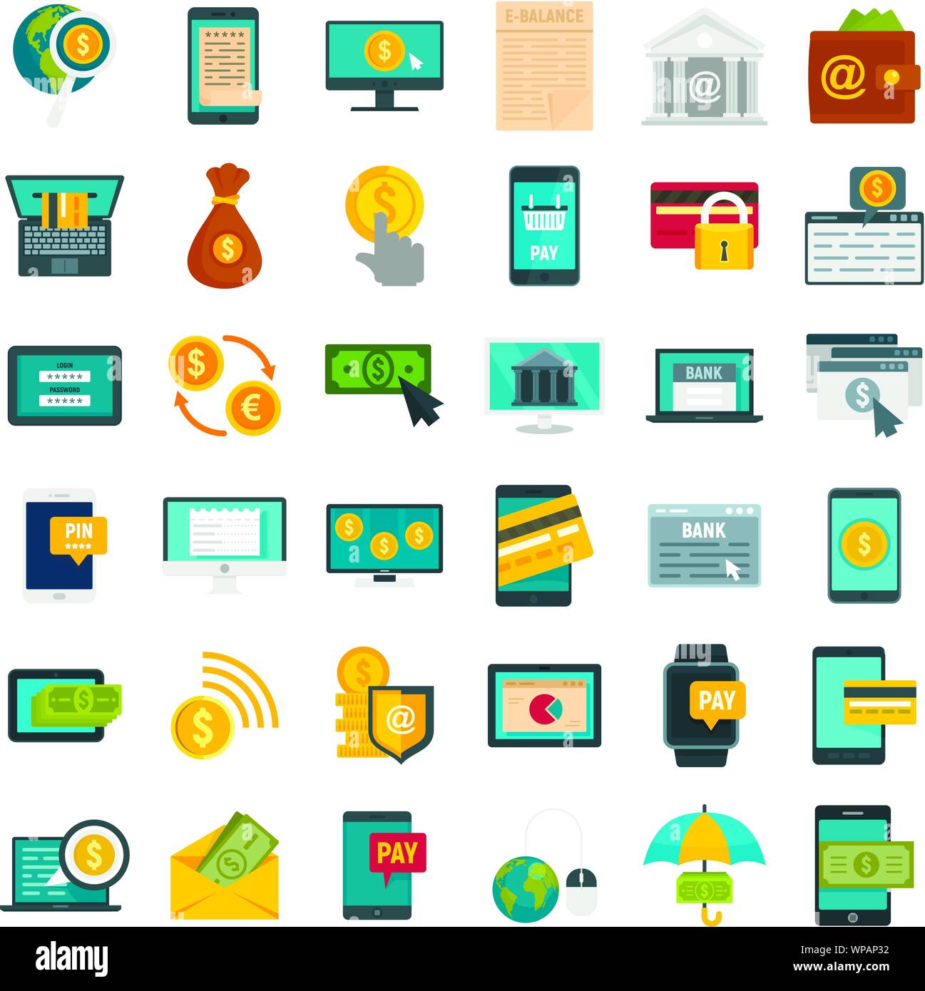 Internet banking icons set. Flat set of internet banking vector icons ...