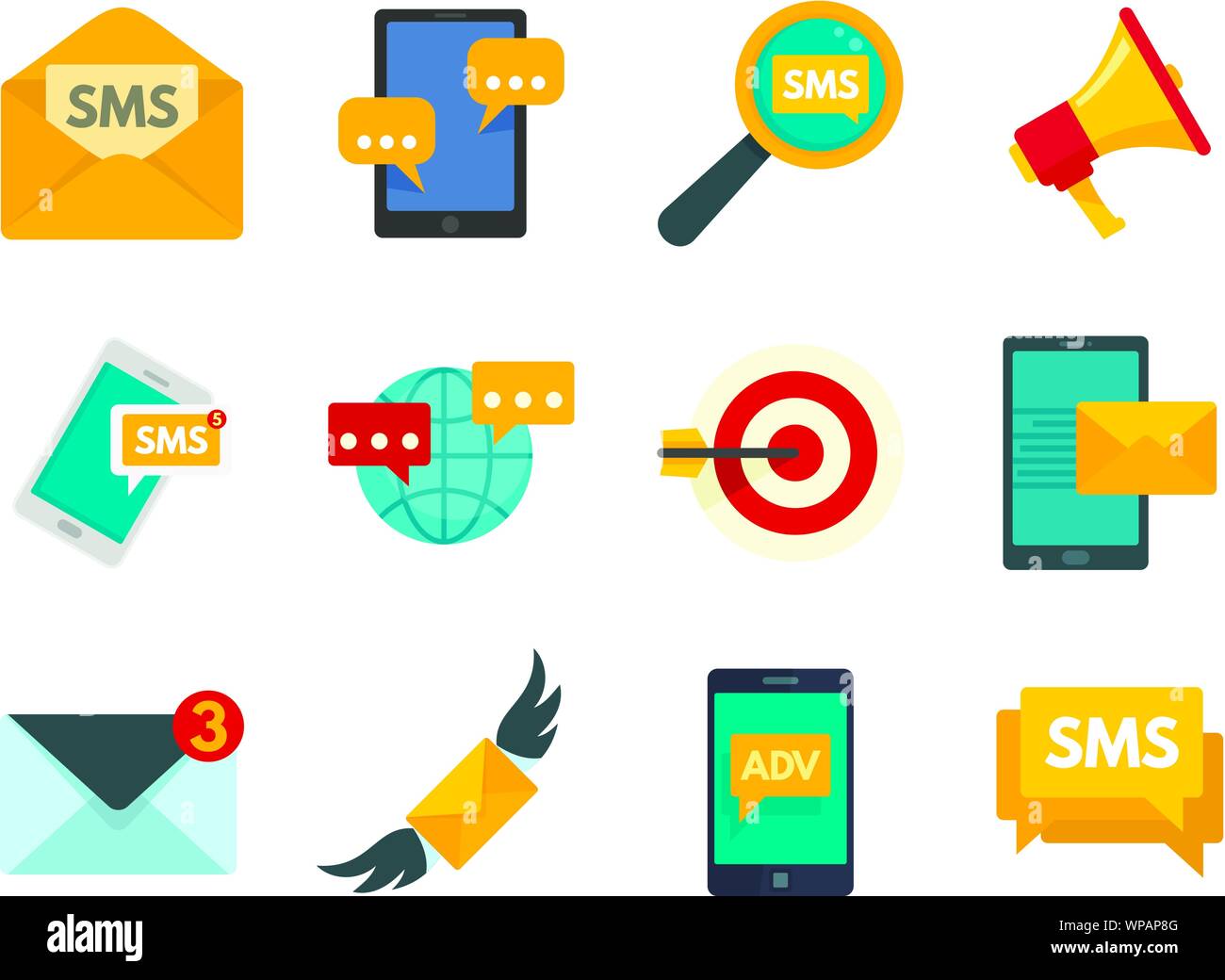 Sms marketing icons set. Flat set of sms marketing vector icons for web ...