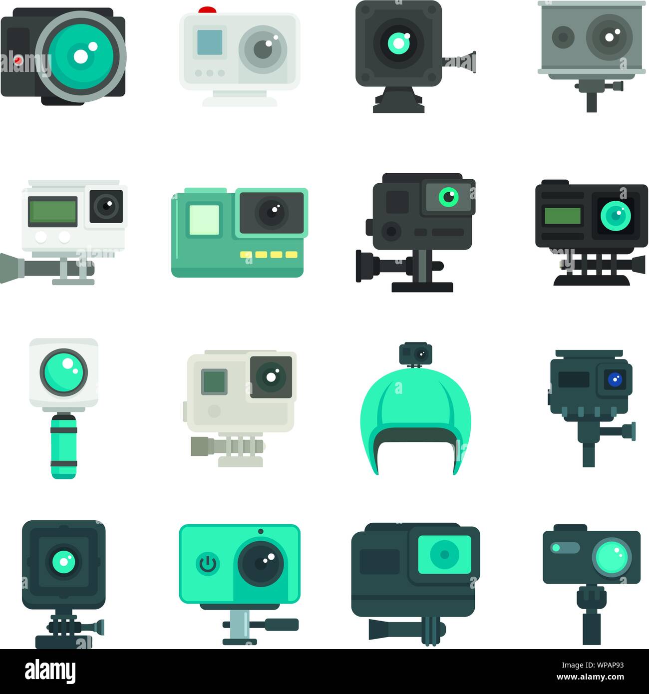Action camera icons set. Flat set of action camera vector icons for web ...