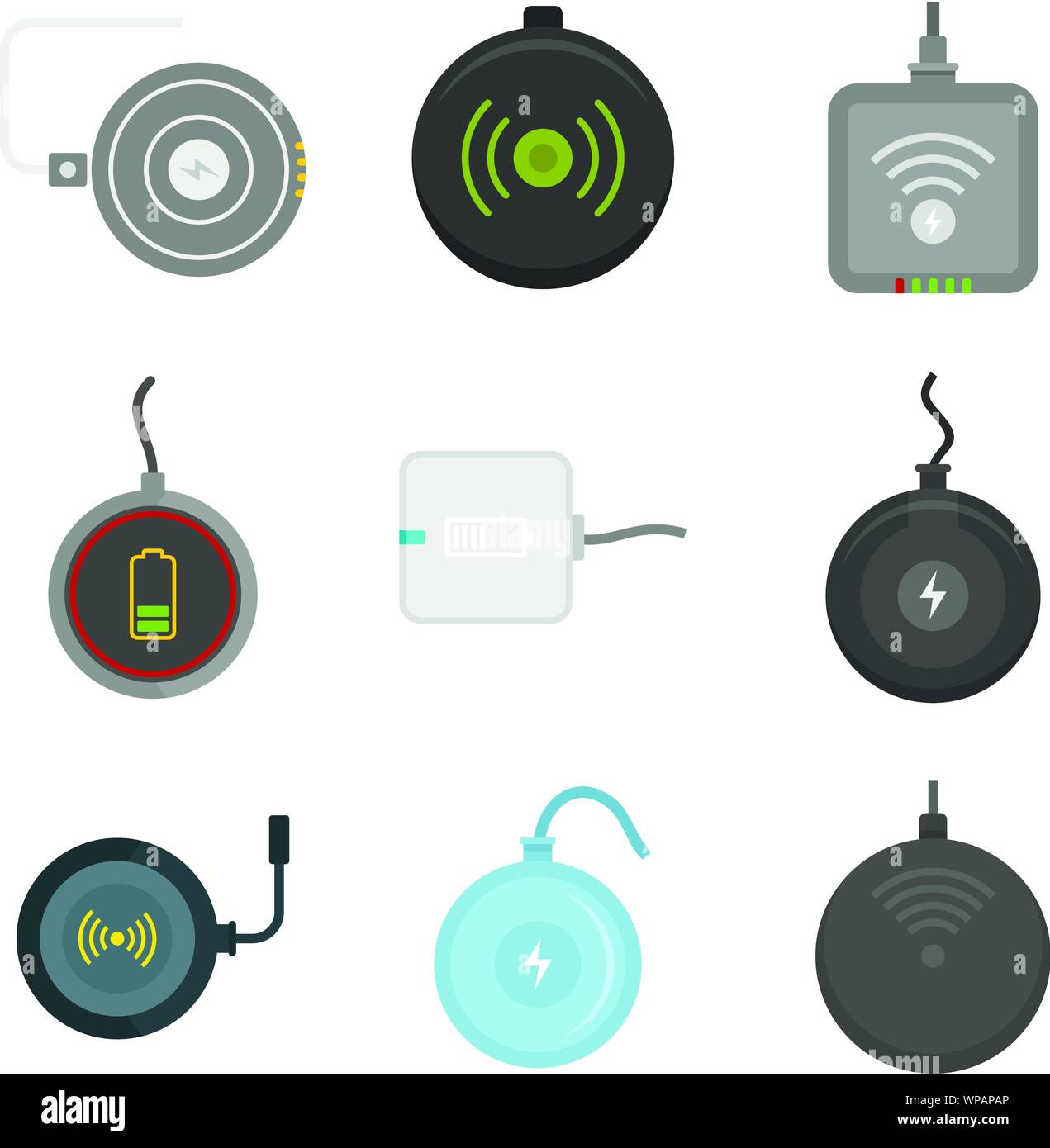 Wireless charger icons set. Flat set of wireless charger vector icons ...