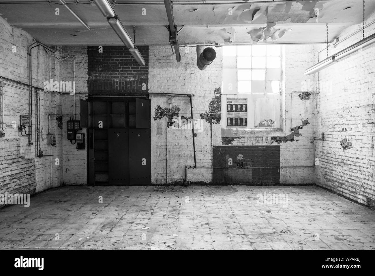 BW tone, interior view of empty abandon room with damaged scratches ...