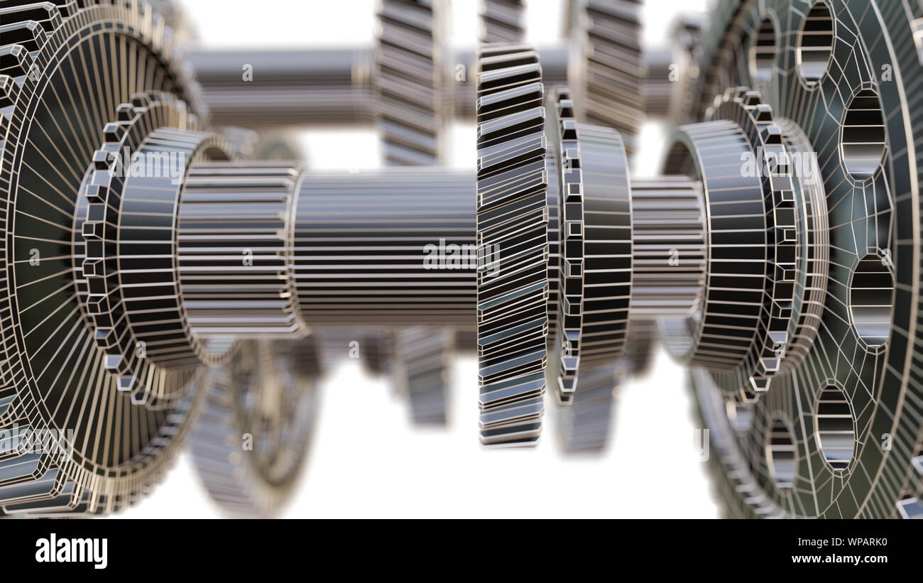 Futuristic gear mechanism, on white background. 3D illustration Stock ...