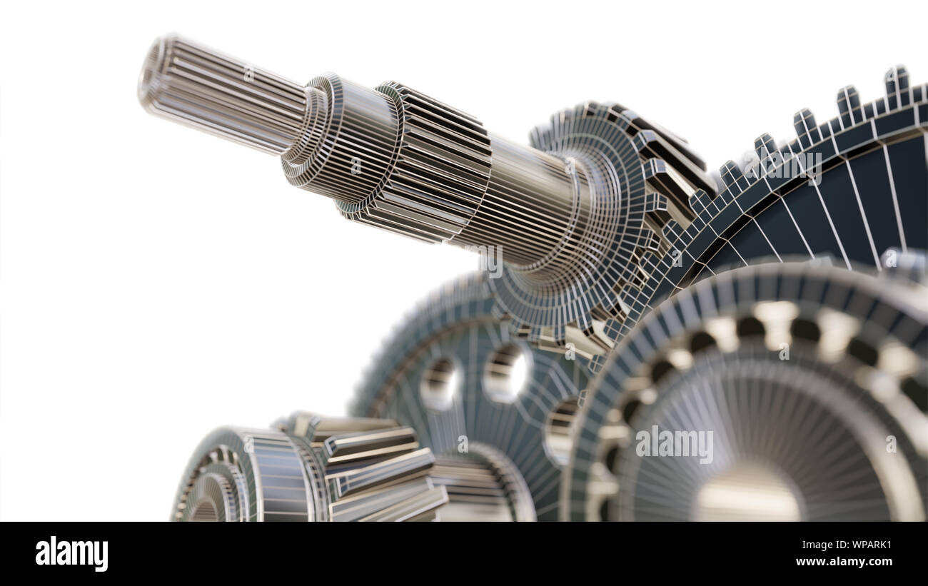 Futuristic gear mechanism, on white background. 3D illustration Stock ...