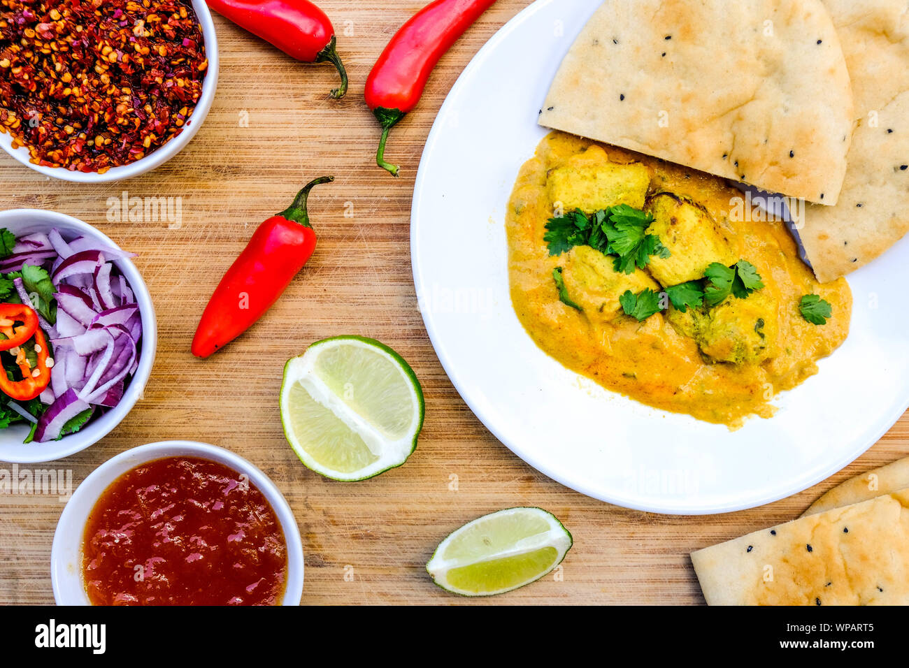 Traditional Indian Chicken Korma Curry Meal With Naan Bread Stock Photo ...