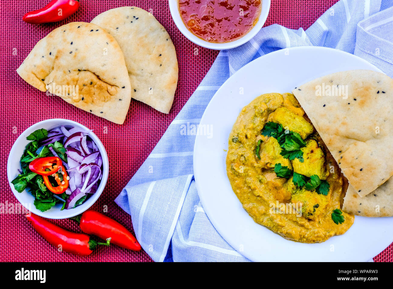 Traditional Indian Chicken Korma Curry Meal With Naan Bread Stock Photo ...