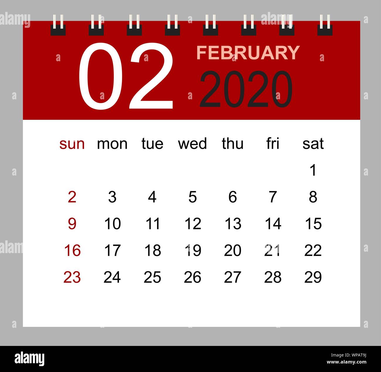 Simple desk calendar for February 2020. Week starts Sunday. Isolated ...