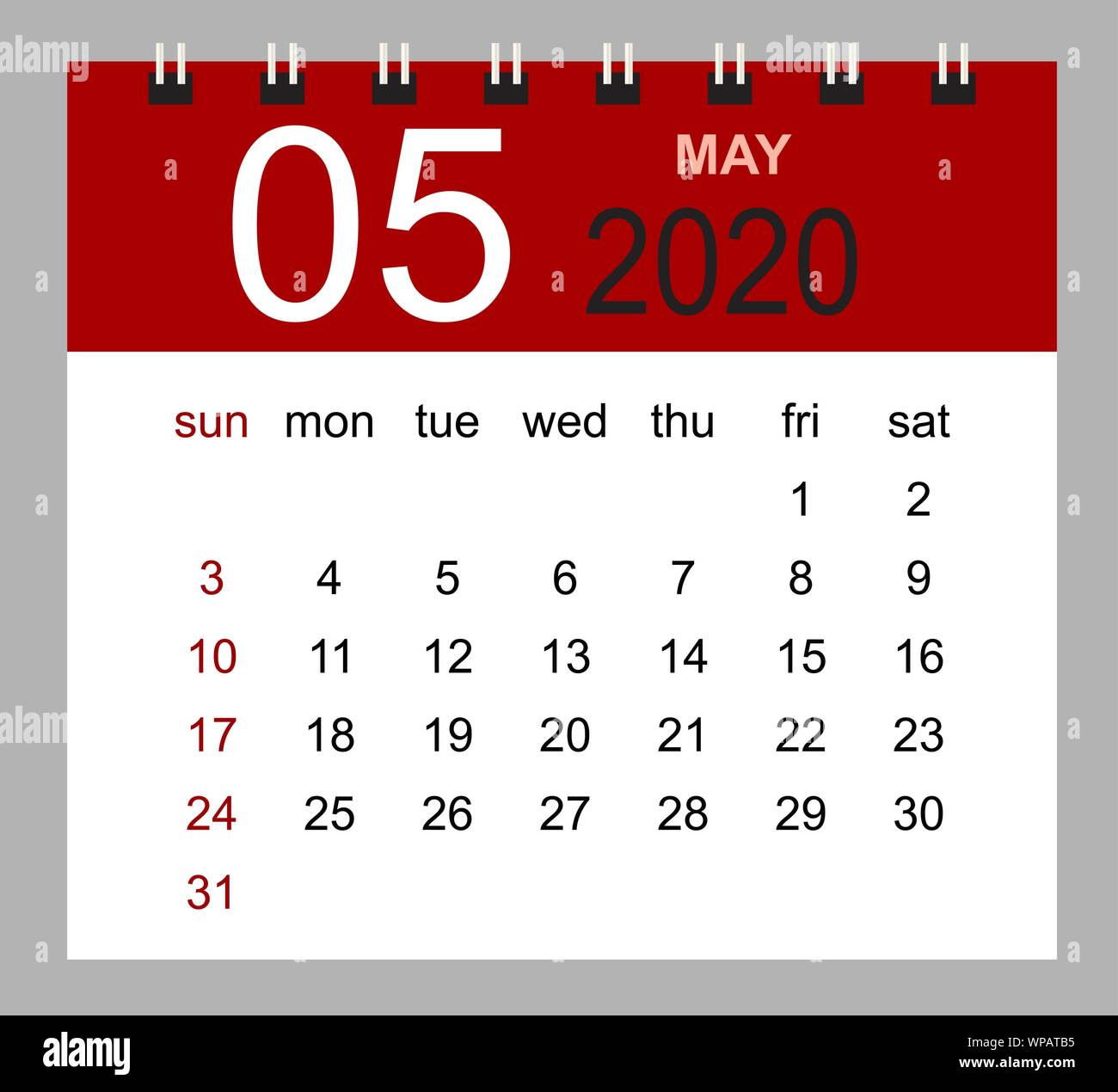 Simple desk calendar for May 2020. Week starts Sunday. Isolated vector ...