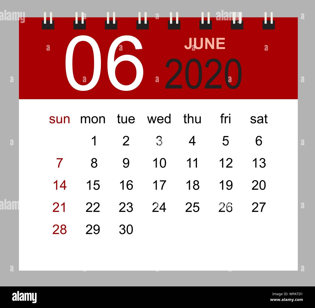 Simple desk calendar for June 2020. Week starts Sunday. Isolated vector ...