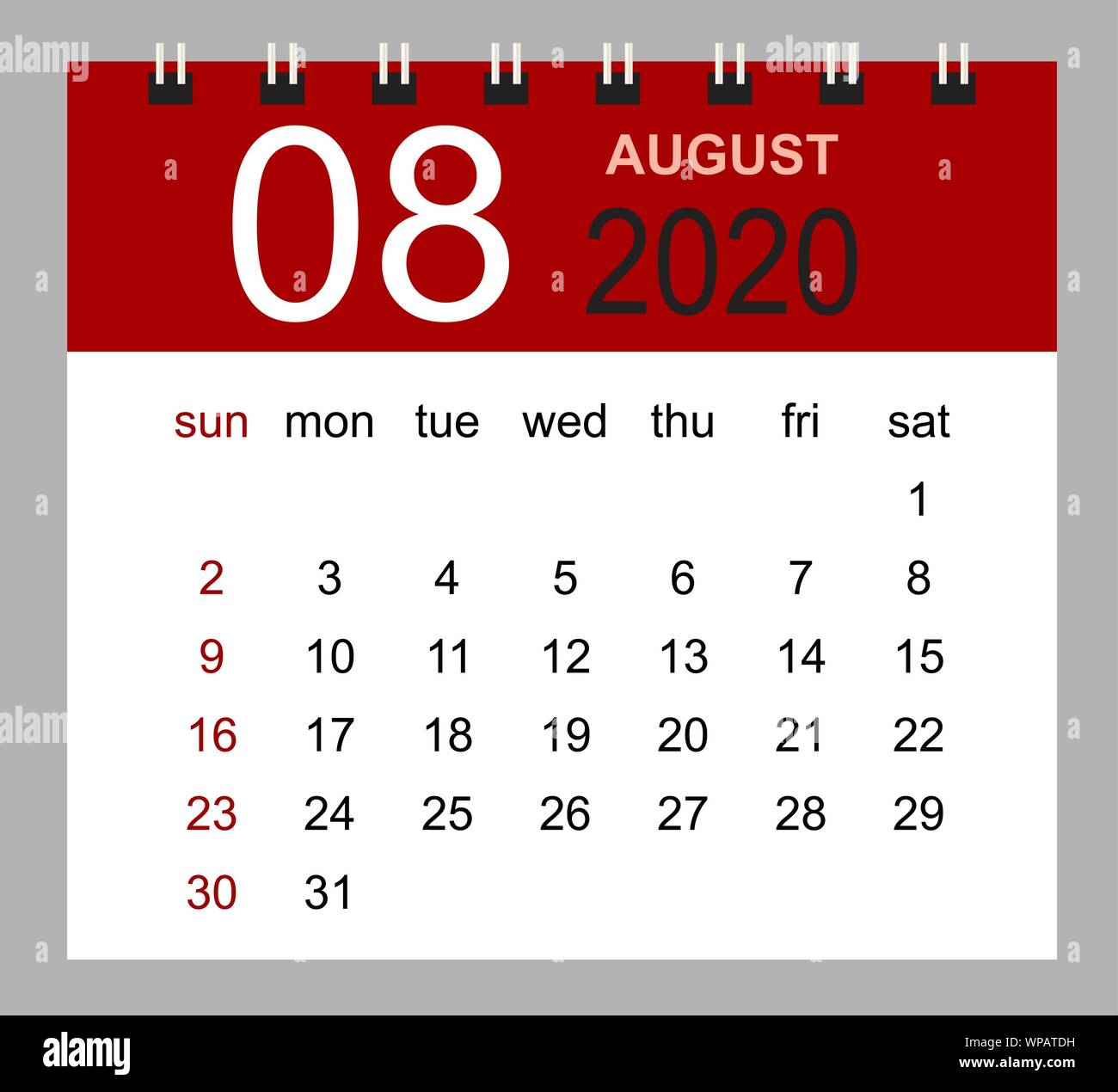 Simple desk calendar for August 2020. Week starts Sunday. Isolated ...