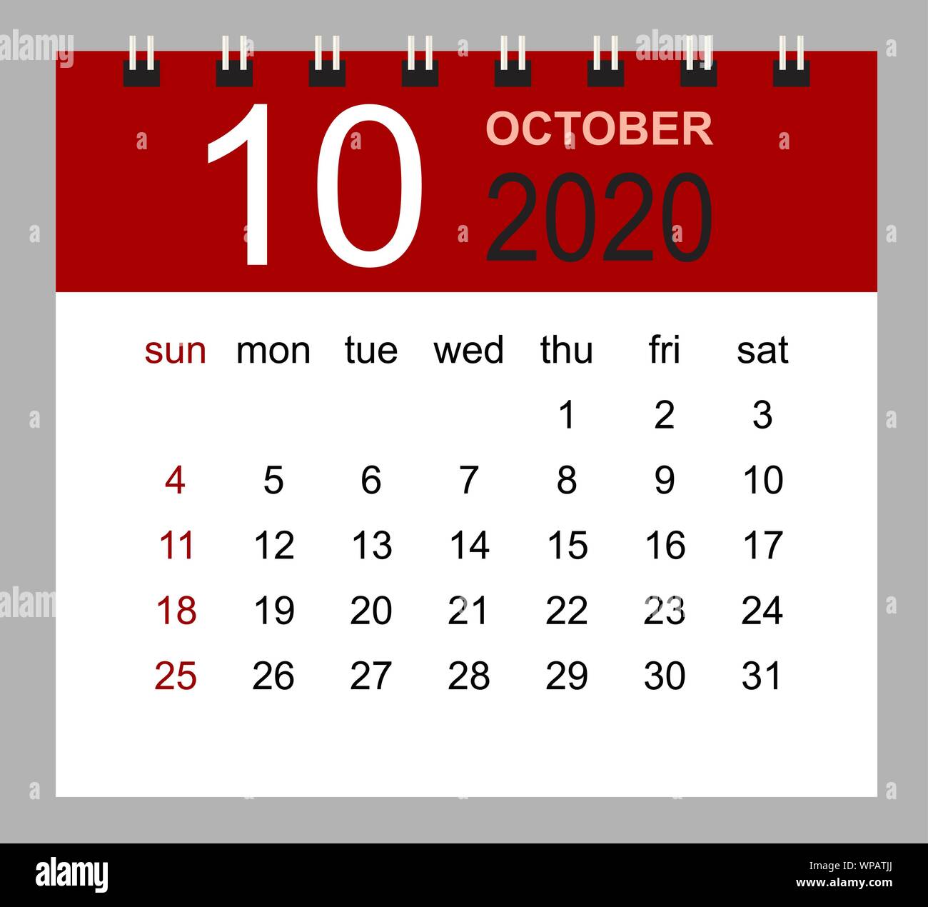 Simple desk calendar for October 2020. Week starts Sunday. Isolated ...