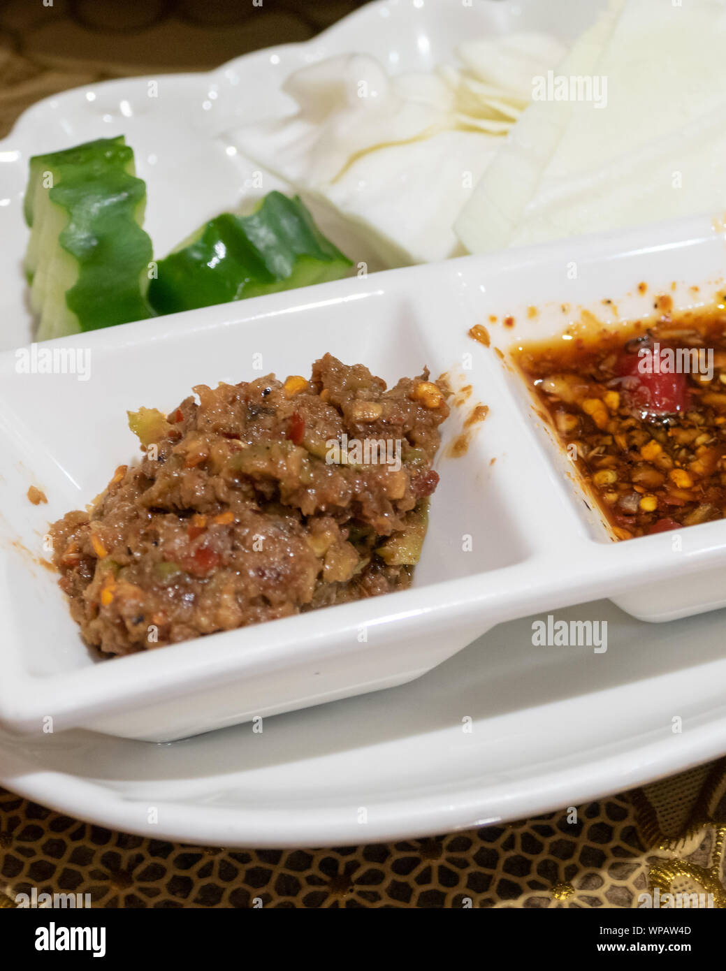 Burmese fermented dipping sauces in dip bowls, Myanmar fish dip Stock ...