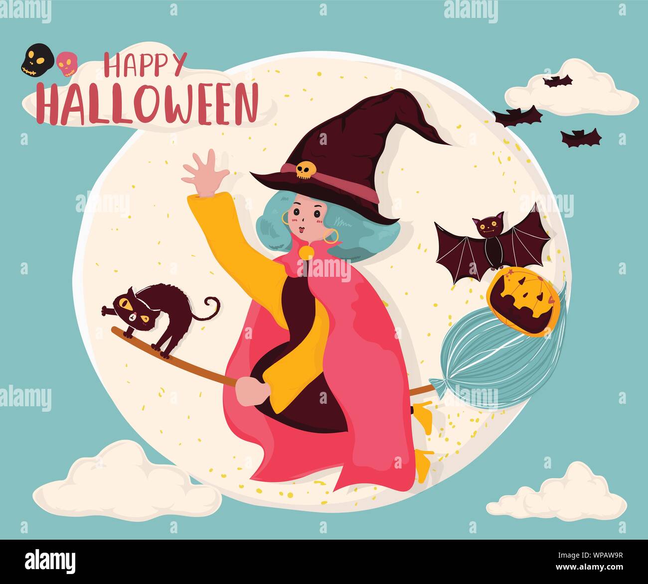 cute flat vector a witch ride a magic bloom, flying over the full moon ...