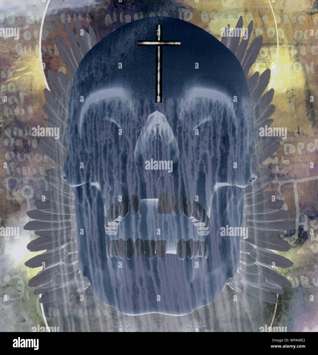 Dark art. Spiritual composition. Holy Death. Shining skull with wings ...