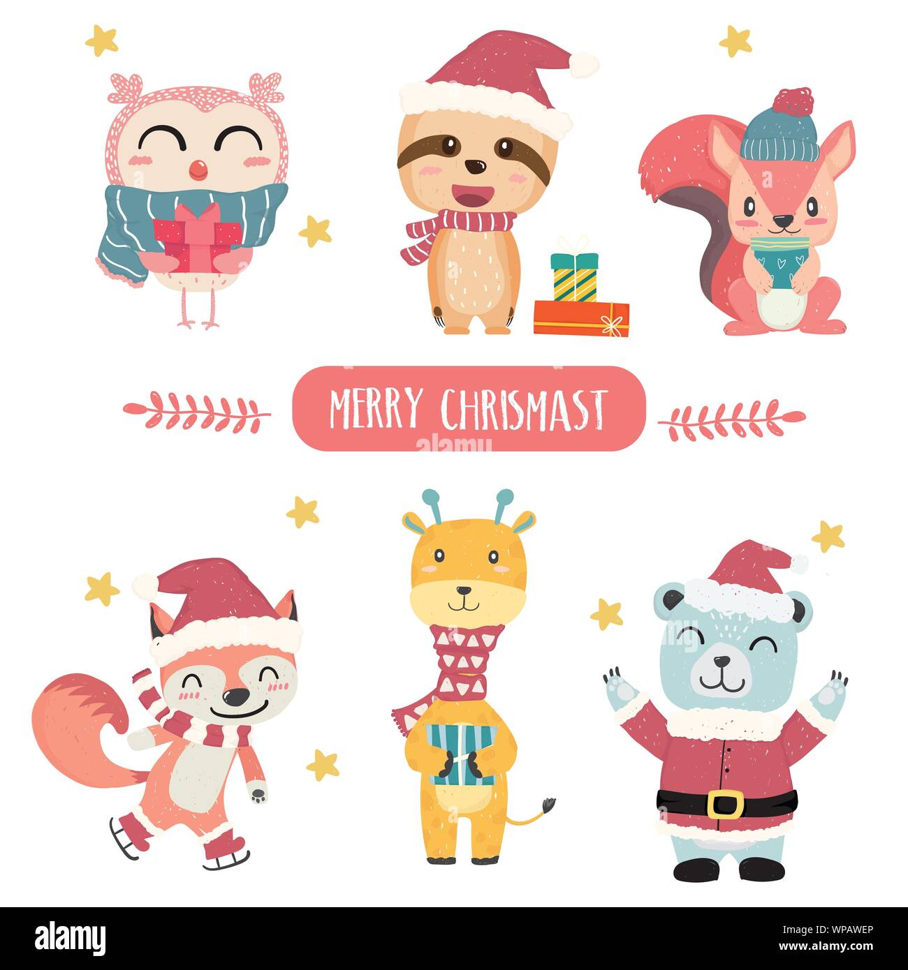 Cute happy pastel animal in Merry Christmas theme collection flat ...