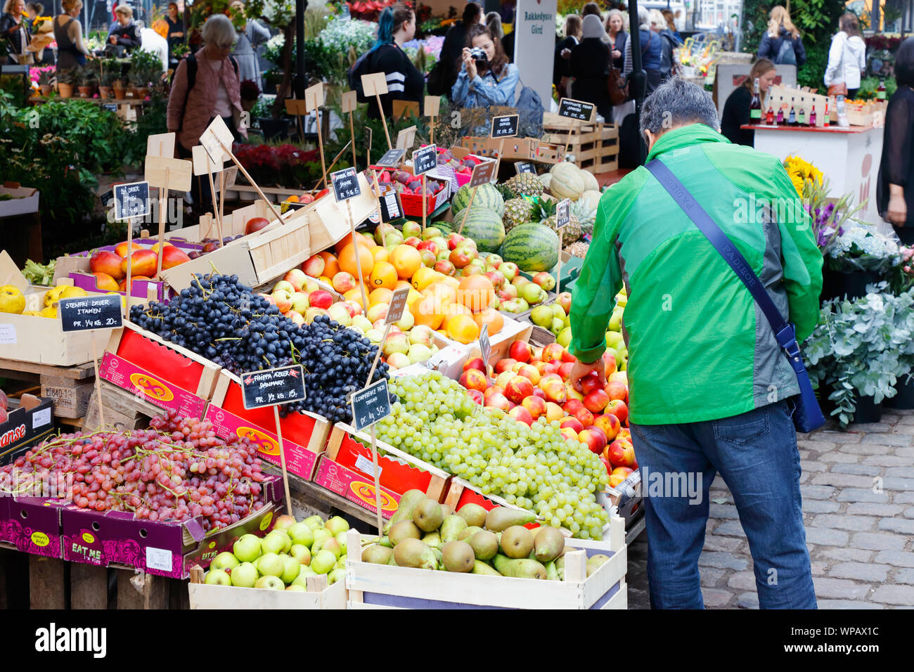 Copenhagen, Denmark - September 4, 2019: Market square with fresh ...