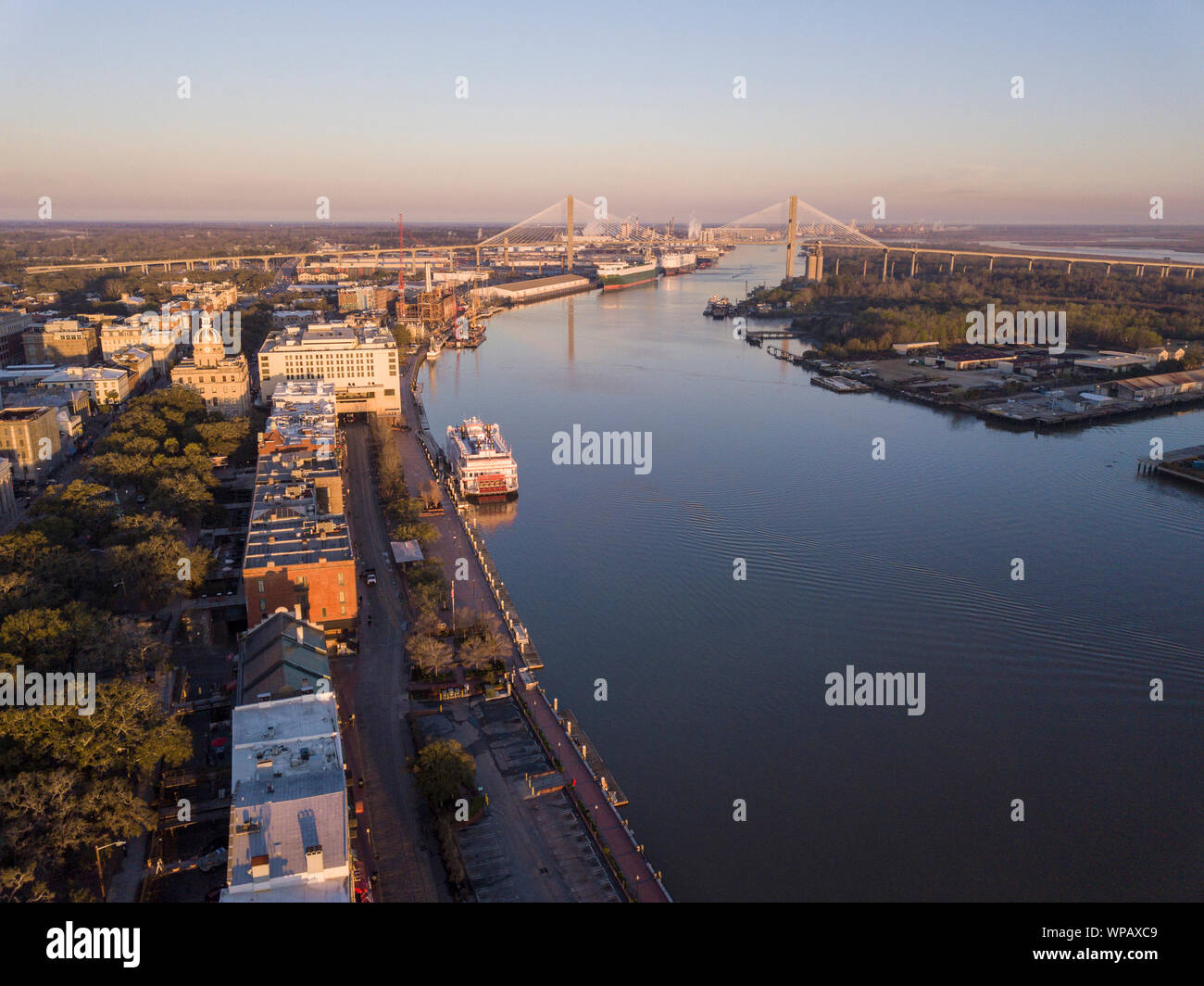 Aerial view of downtown Savannah, Georgia and River Street Stock Photo ...