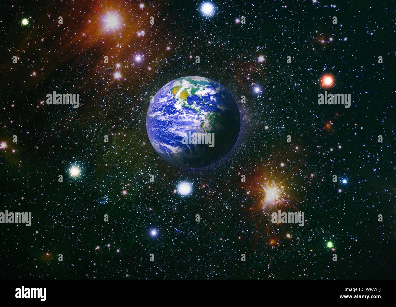 Panoramic view of the Earth, sun, star and galaxy. Sunrise over planet ...