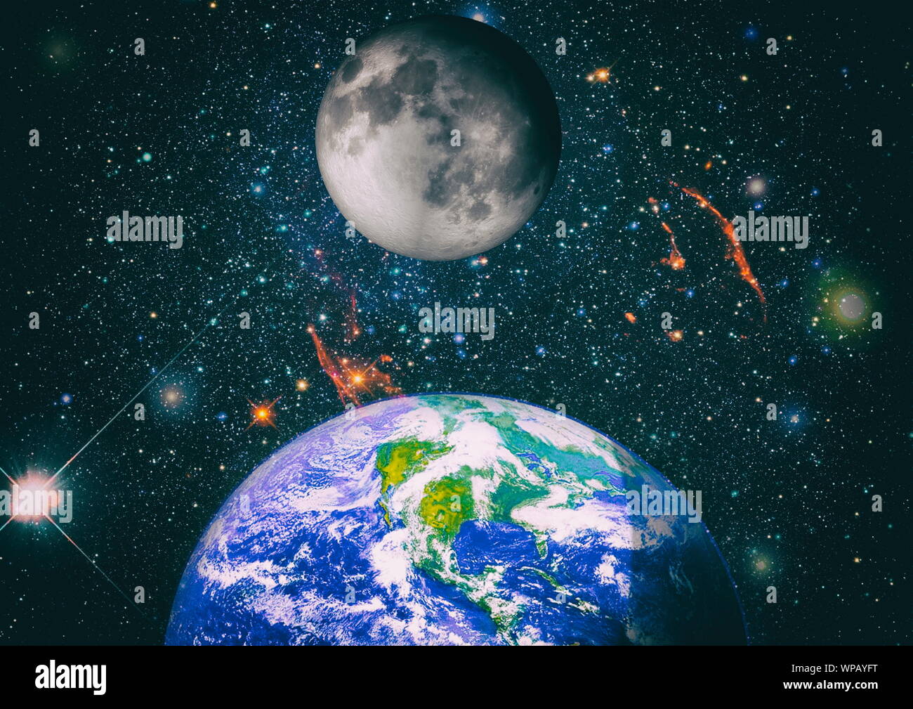 Panoramic view of the Earth, sun, star and galaxy. Sunrise over planet ...