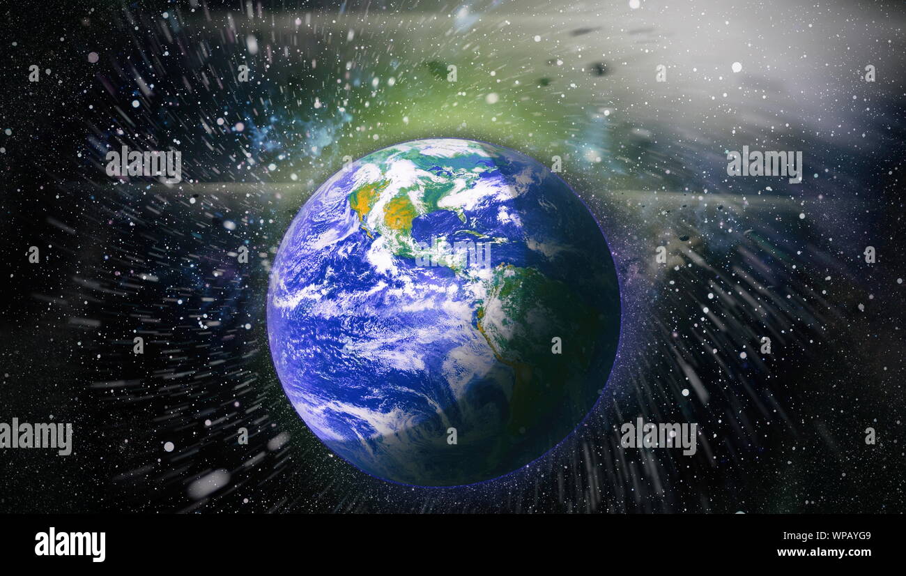 Panoramic view of the Earth, sun, star and galaxy. Sunrise over planet ...