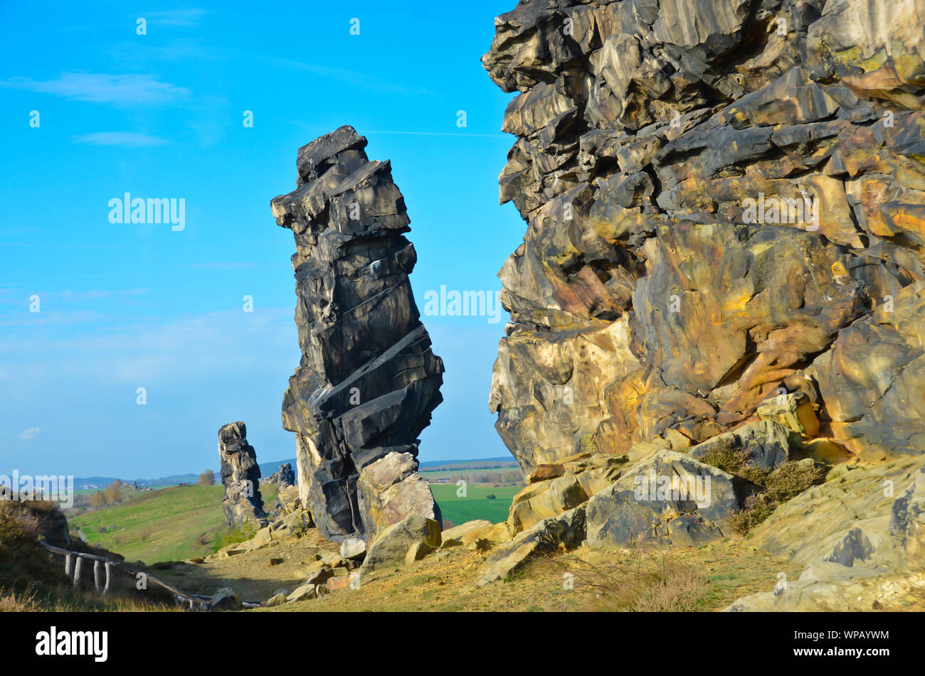 A natural, rough wall of basalt in the middle of Germany (Harz ...