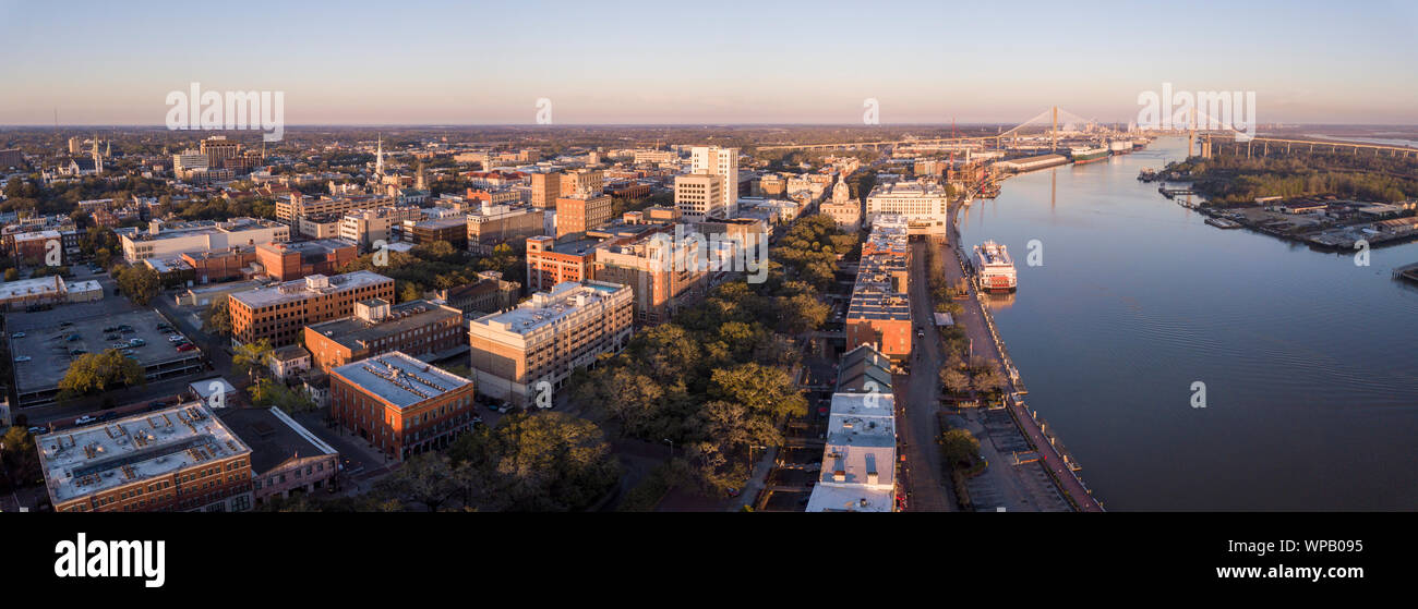 Aerial panorama of downtown Savannah, Georgia and River Street Stock ...