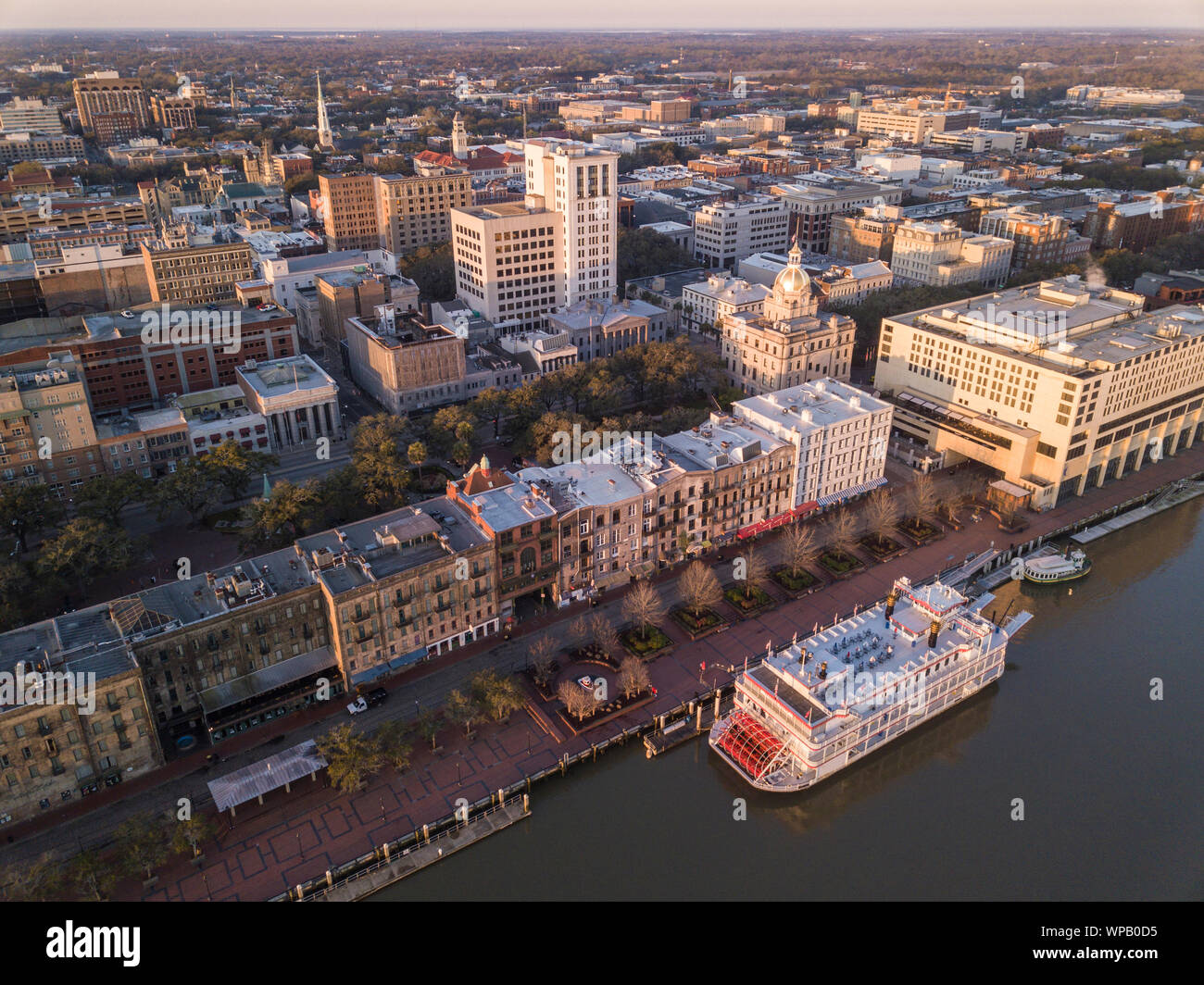 Aerial view of downtown Savannah, Georgia, River Street, and ferry boat ...