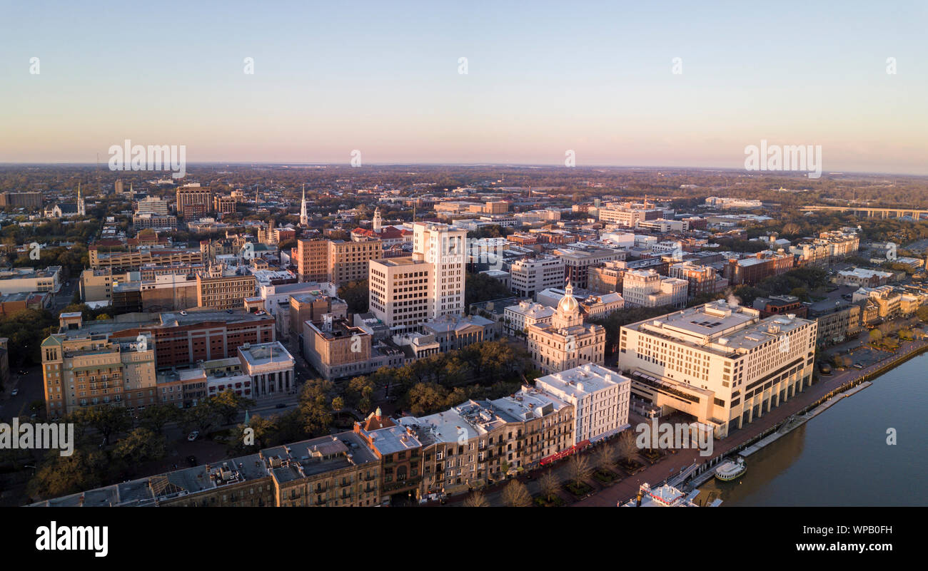 Aerial panorama of downtown Savannah, Georgia at dawn Stock Photo - Alamy