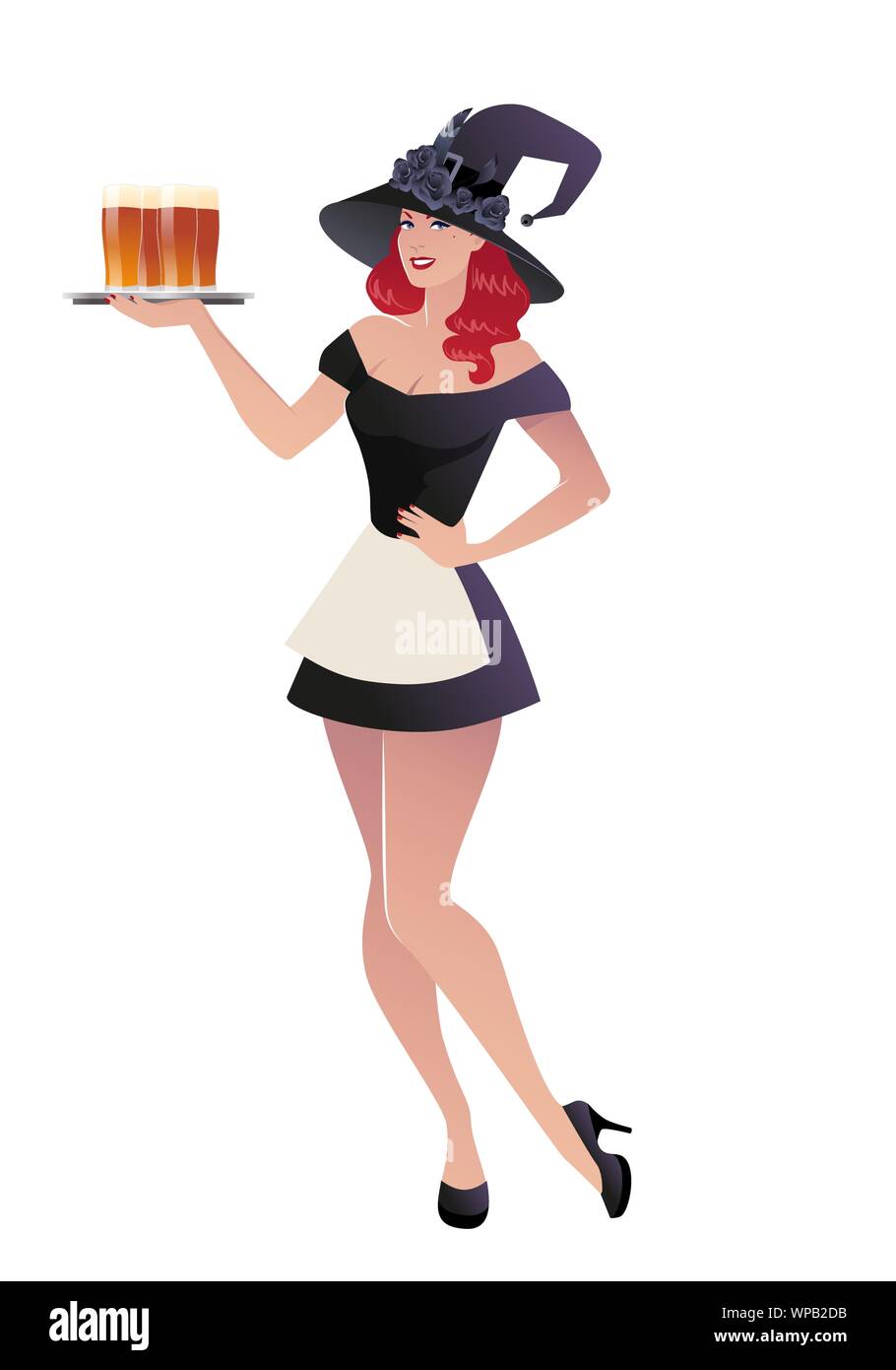 Beautiful pinup retro style witch, holding a tray with beers, isolated ...