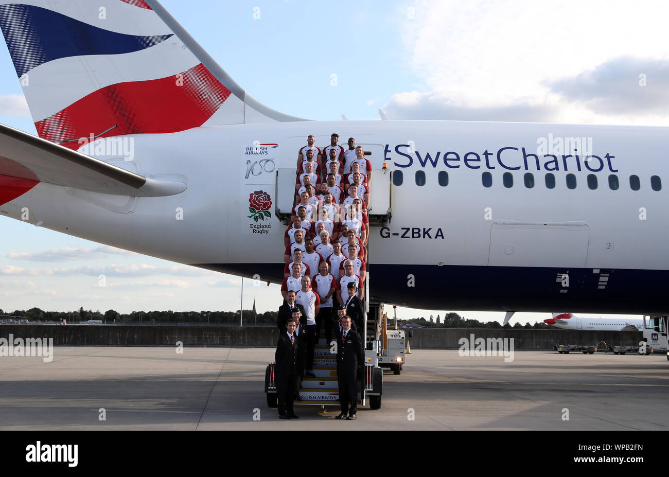 England Rugby's 31-man squad line up in front of their British Airways ...