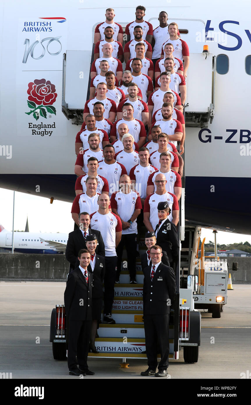 England Rugby's 31-man squad line up in front of their British Airways ...