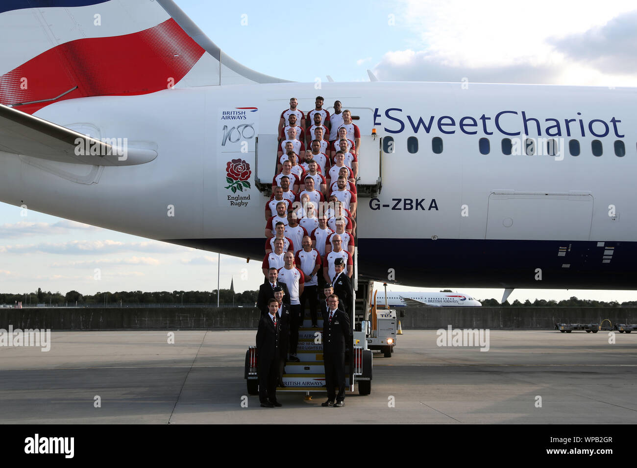 England Rugby's 31-man squad line up in front of their British Airways ...