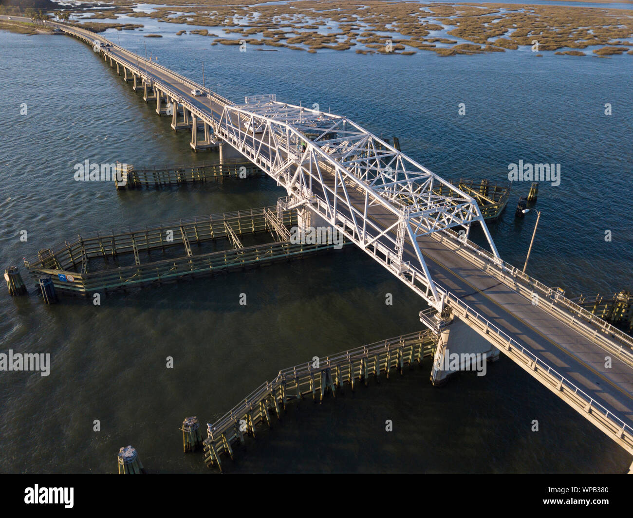 Aerial view of swing draw bridge over water near Beaufort, South ...