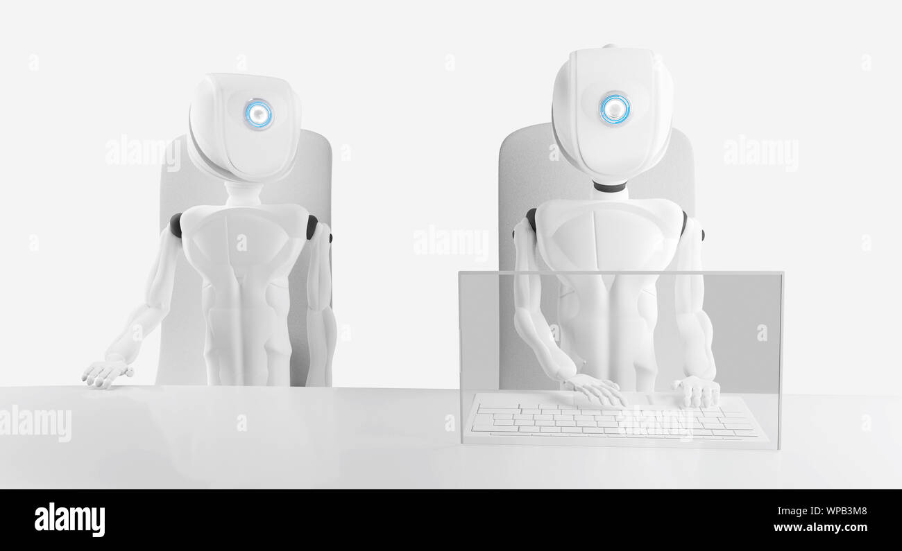 robots working on computer on the desk 3d-illustration Stock Photo - Alamy