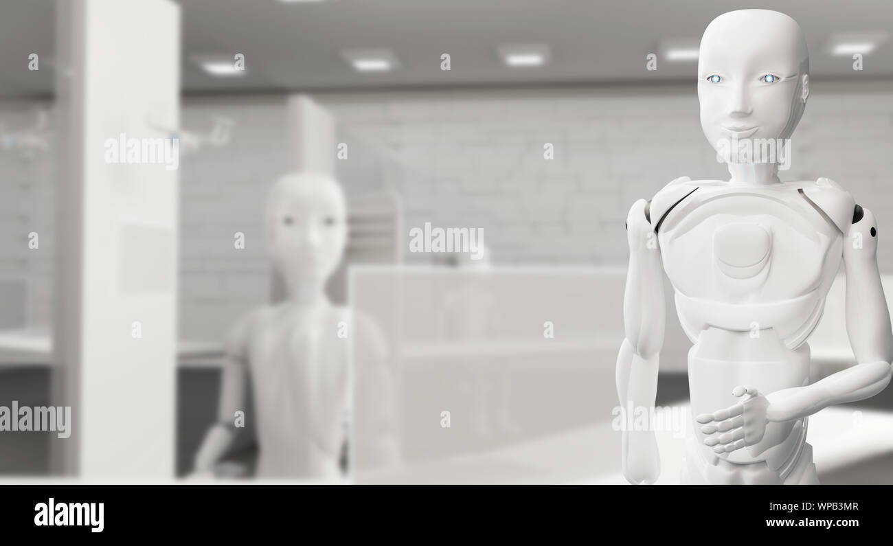 robots working on computer on the desk 3d-illustration Stock Photo - Alamy
