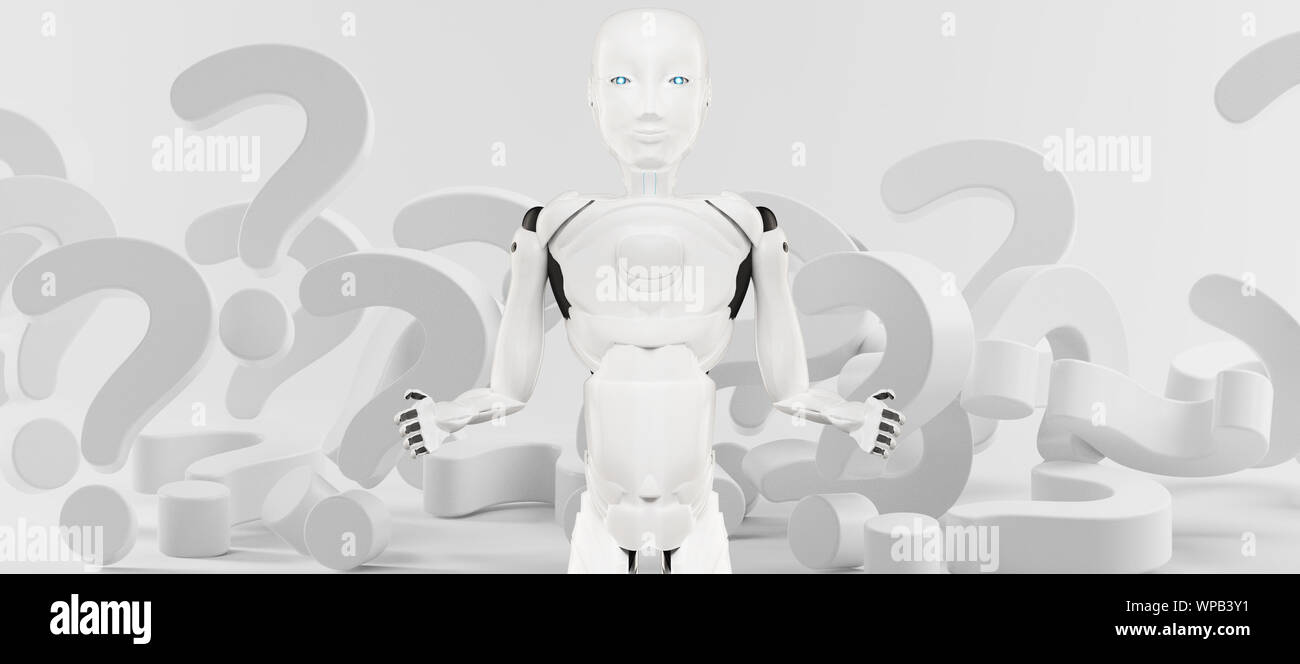 question marks and robot 3d-illustration Stock Photo - Alamy
