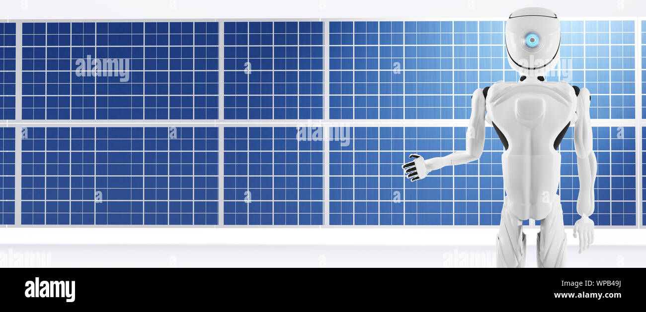solar module panel and artificial intelligence robot white 3d ...