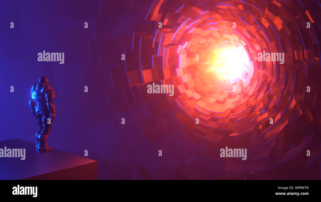 Sci Fi spaceship scene concept with Glowing tunnel from twisted spheres ...