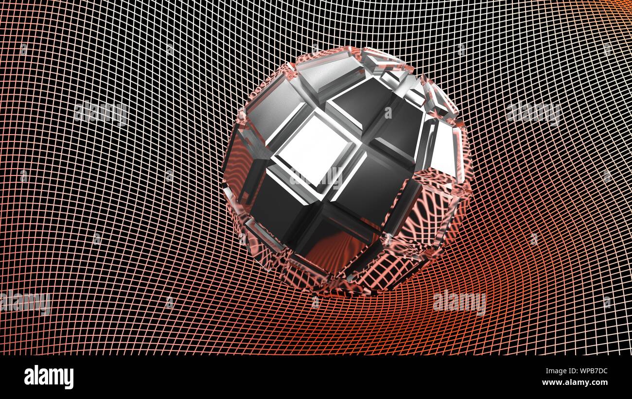 Abstract embossed metallic chrome object on a deformed grid surface ...