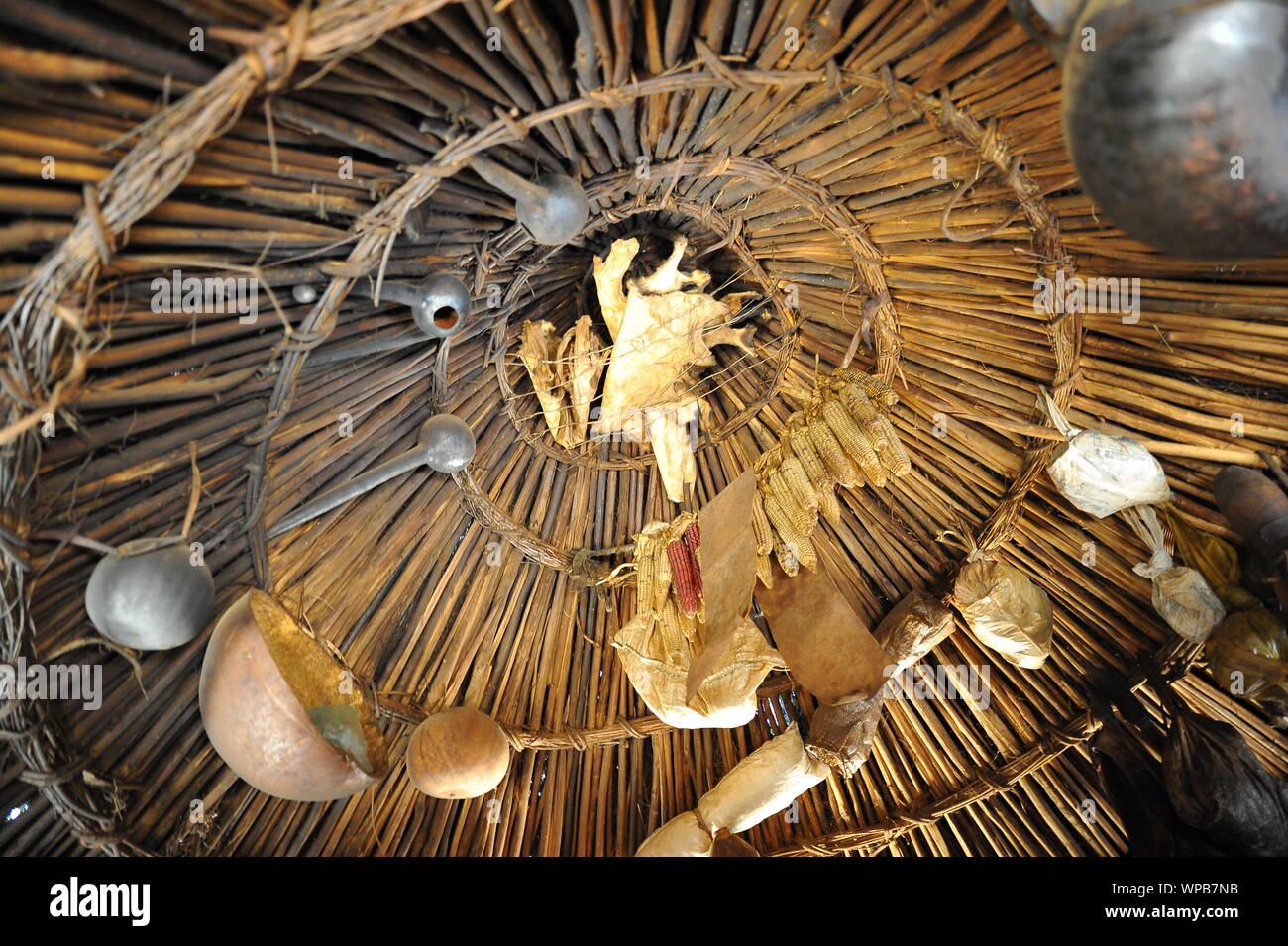 Internal view of a Hamer tribe hut in the Omo Valley in the south of ...