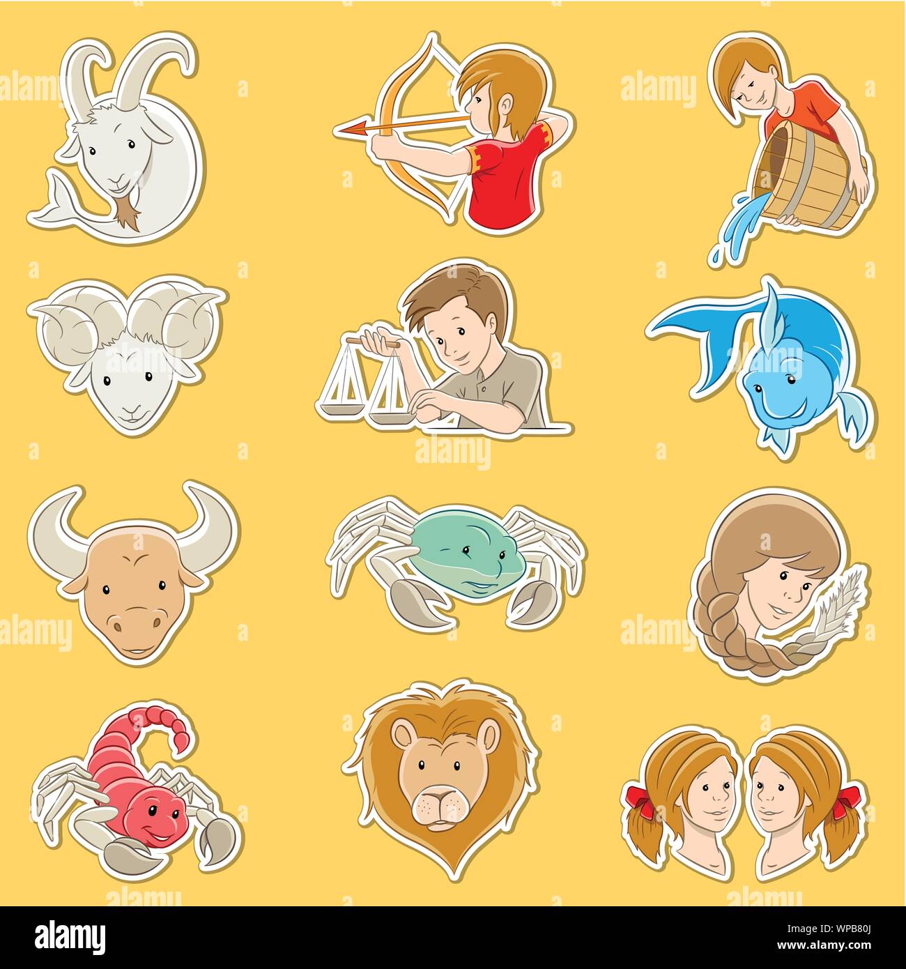 Vector Illustration of Sticker Designs of Cartoon Zodiac Signs Stock ...