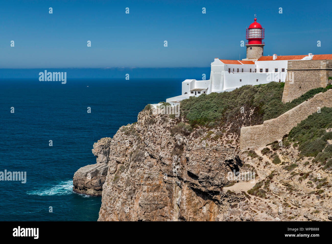 Lighthouse at Cabo de Sao Vincente, cliff over Atlantic Ocean, near ...